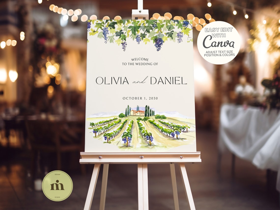 Vineyard WELCOME SIGN Invitation, Hand Drawn Watercolor Template for ...