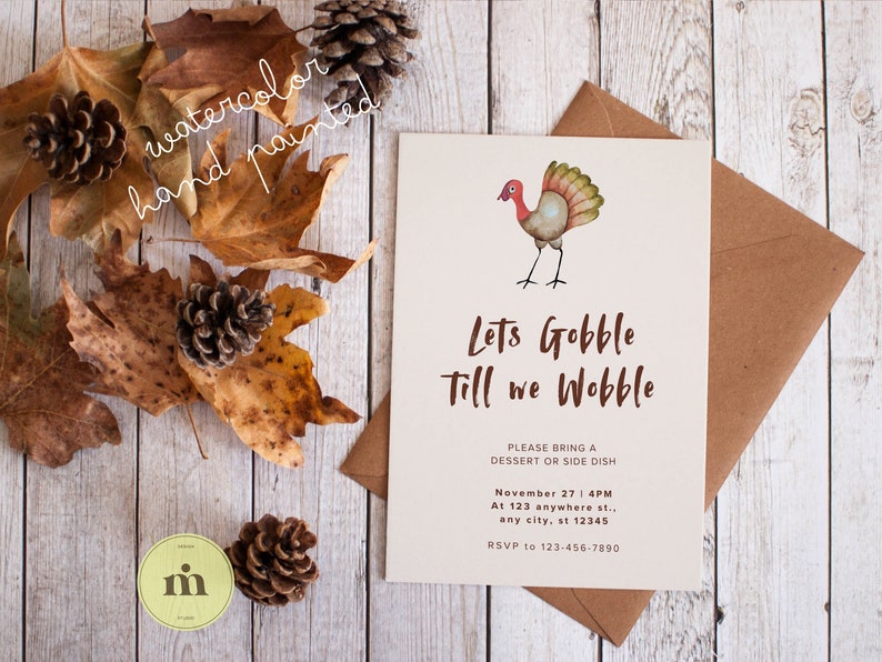 Thanksgiving Invitation - Editable Hand Painted Turkey Canva Template ...