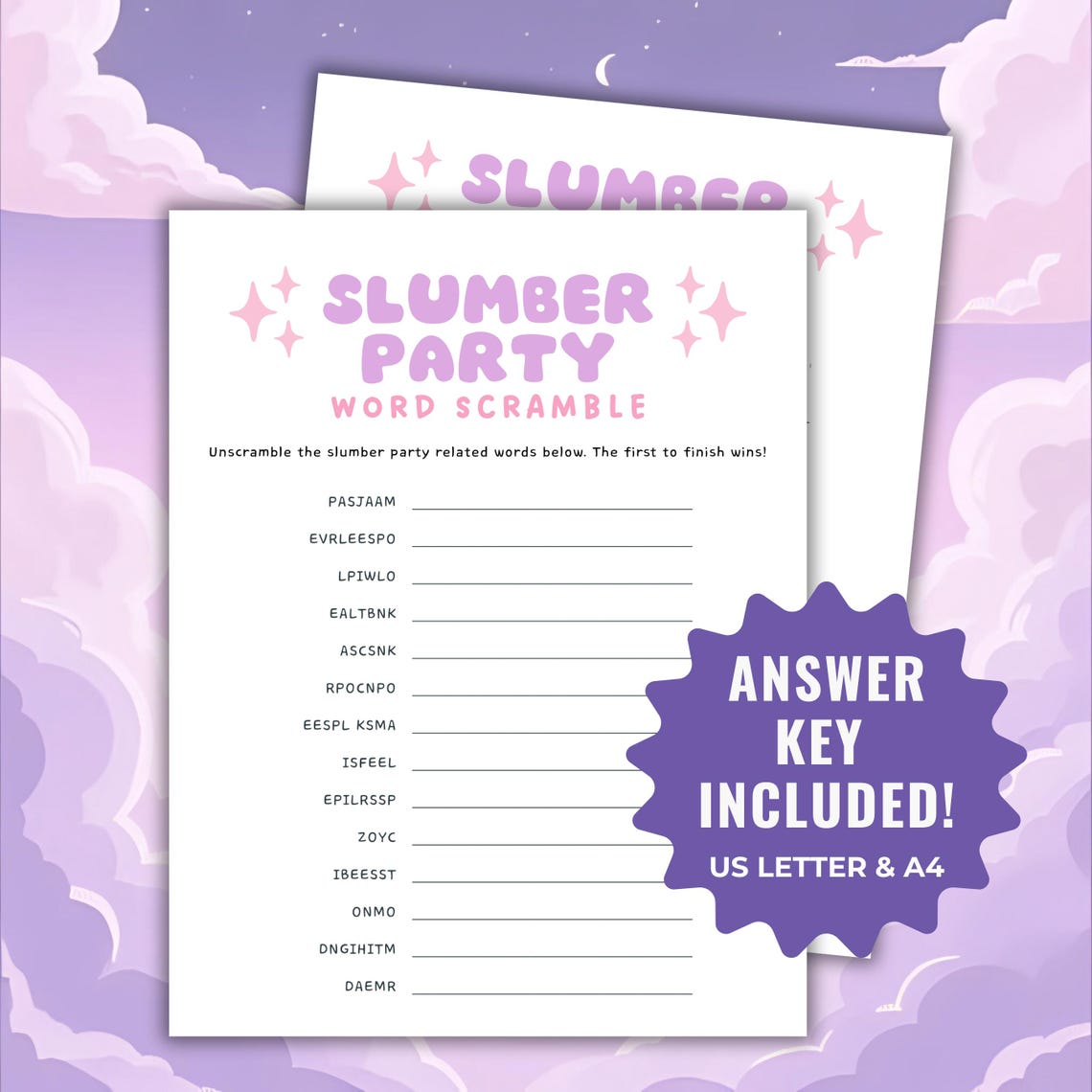 Slumber Party Word Scramble Game, Printable Slumber Party Games Word ...