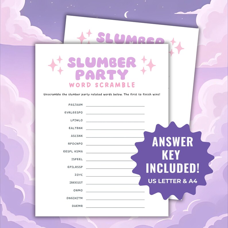 Slumber Party Word Scramble Game, Printable Slumber Party Games Word ...