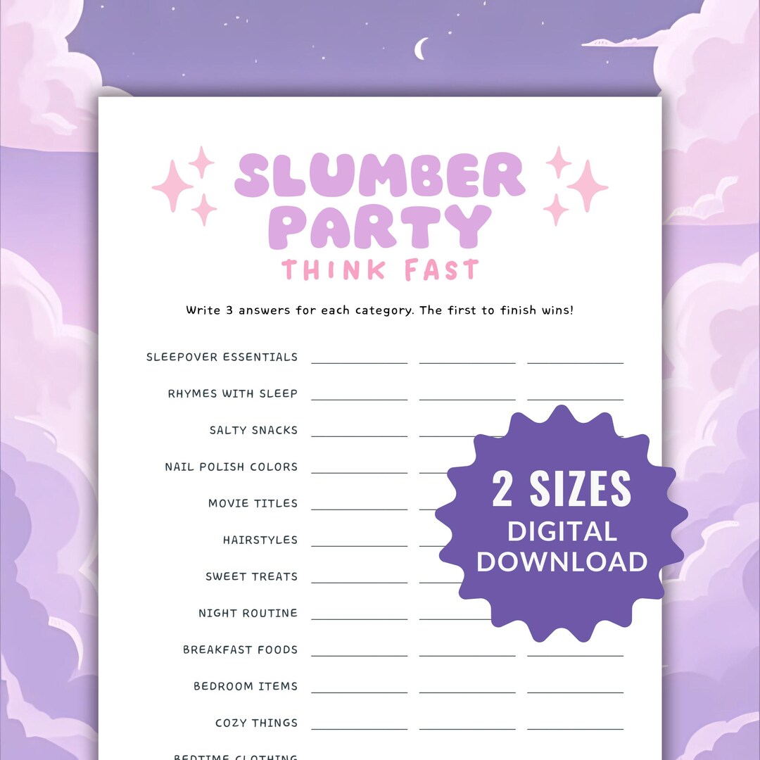 Think Fast Slumber Party Game, Printable Slumber Party Think Quick Game ...