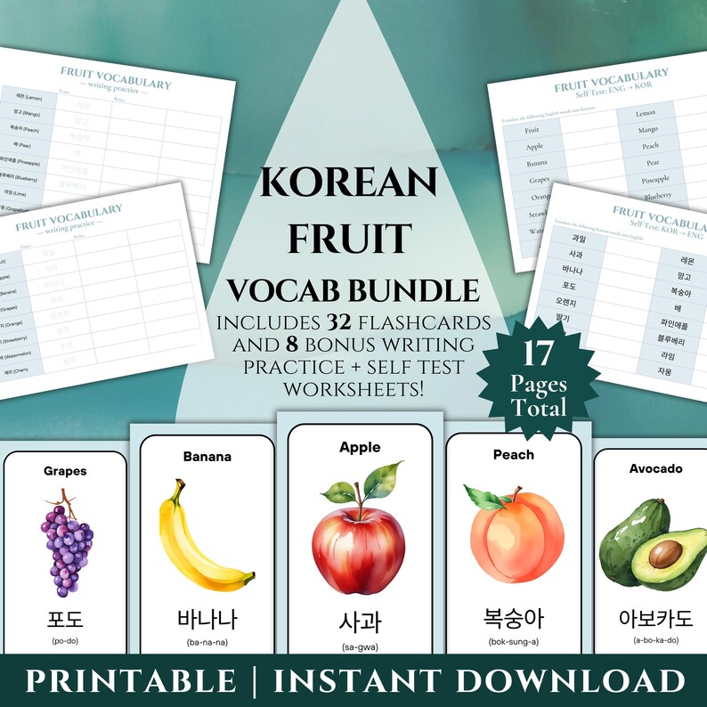Korean Fruit Vocabulary Flashcard Bundle With Writing Practice and Self ...