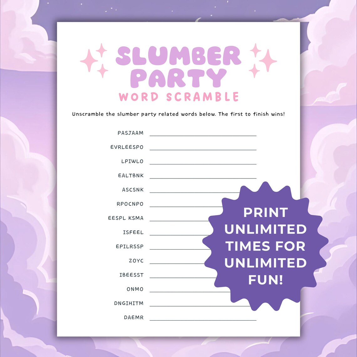 Slumber Party Word Scramble Game, Printable Slumber Party Games Word ...