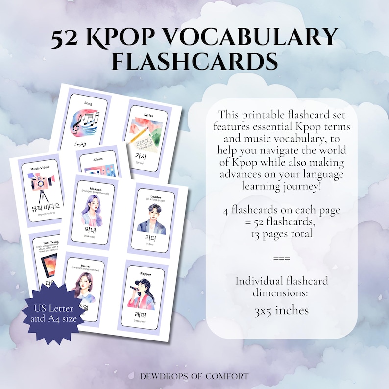 Kpop Korean Vocabulary Flashcard Set, Korean Study Tools for Kpop Fans ...