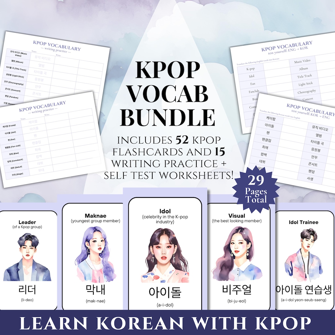 Kpop Korean Vocabulary Flashcard Bundle With Writing Practice and Self ...
