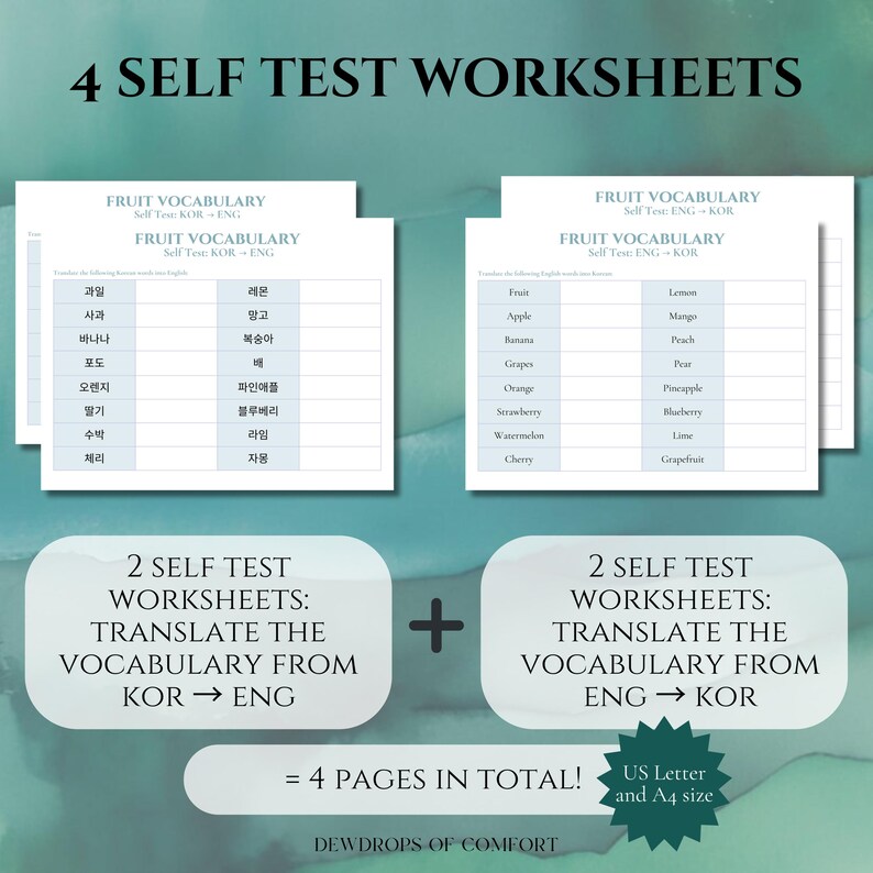 Korean Fruit Vocabulary Flashcard Bundle With Writing Practice and Self ...