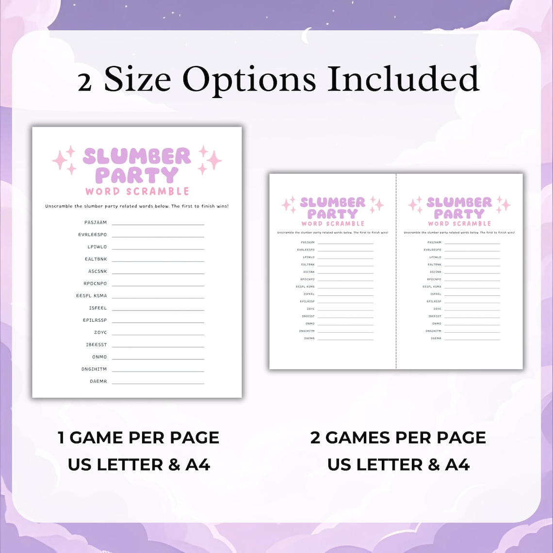 Slumber Party Word Scramble Game, Printable Slumber Party Games Word ...