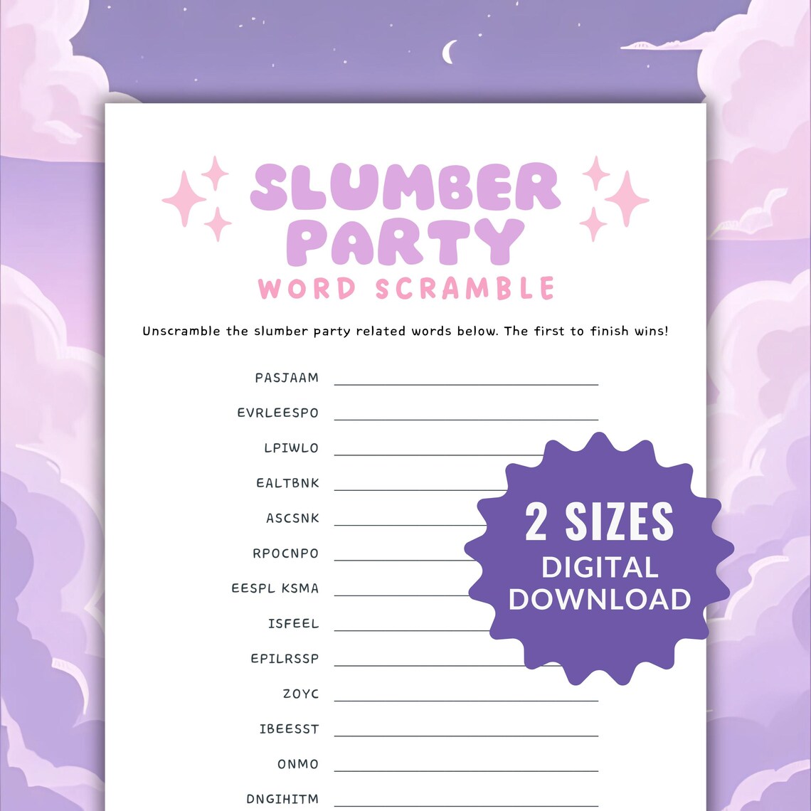 Slumber Party Word Scramble Game, Printable Slumber Party Games Word ...