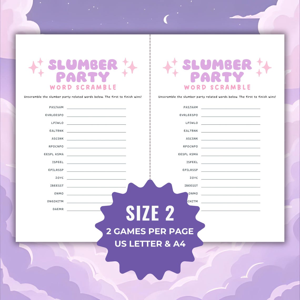 Slumber Party Word Scramble Game, Printable Slumber Party Games Word ...