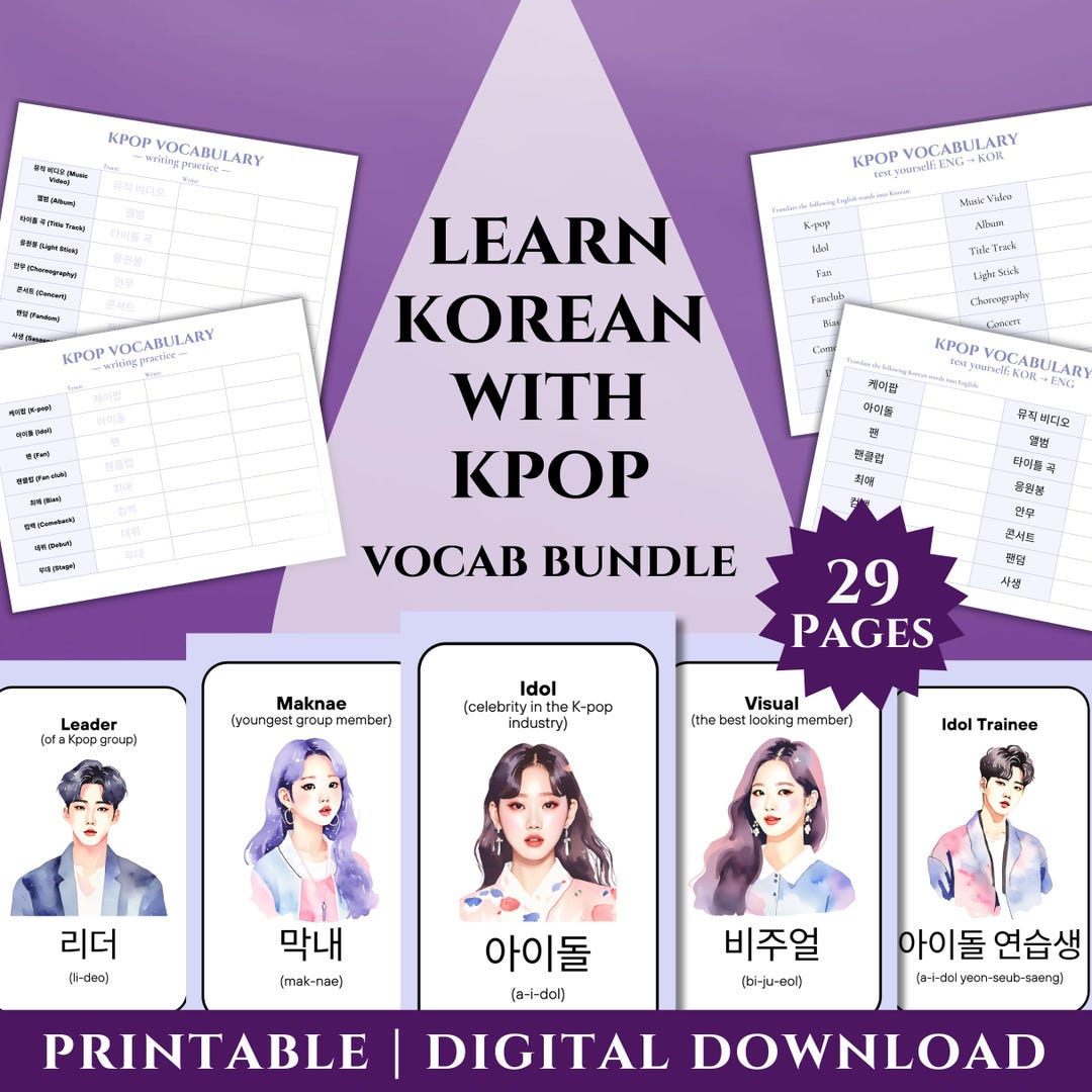 Kpop Korean Vocabulary Flashcard Bundle With Writing Practice and Self ...