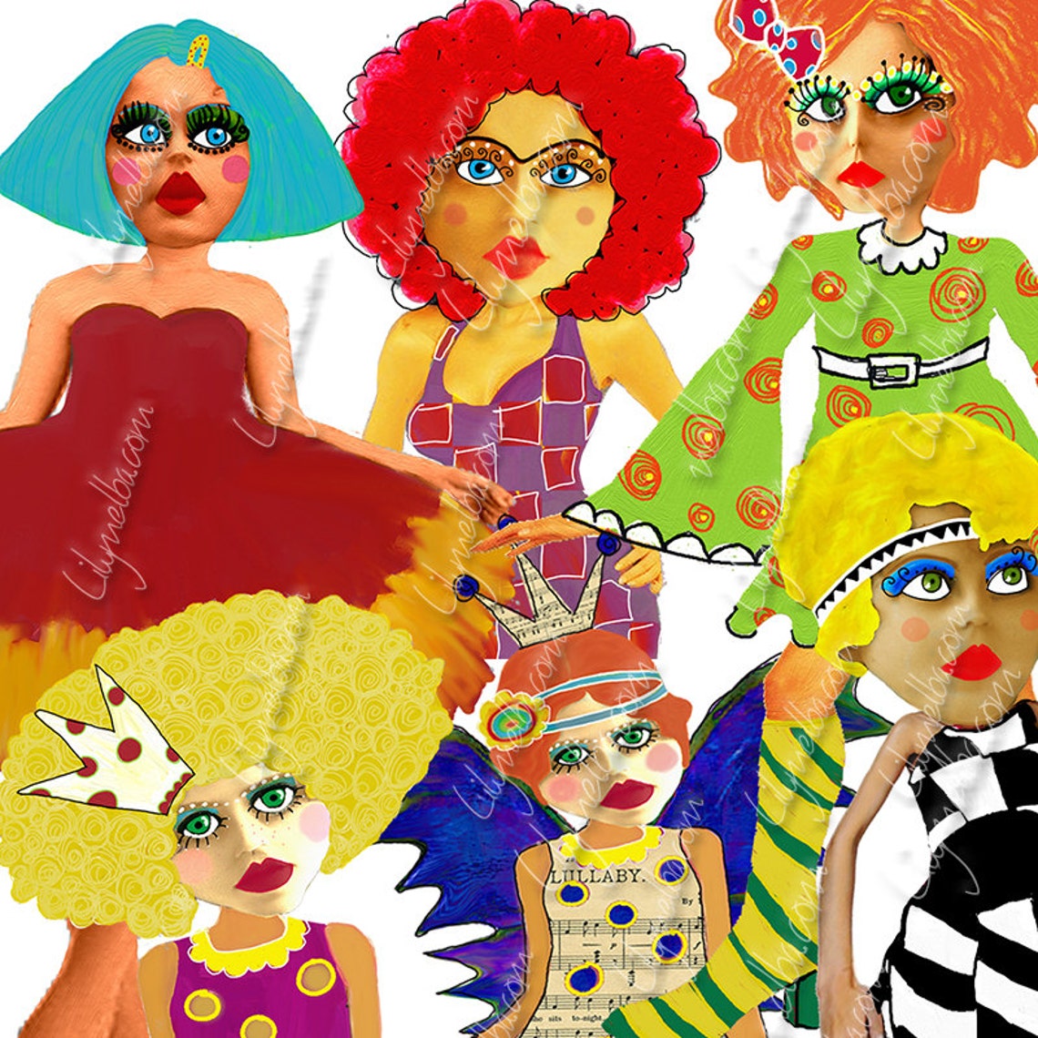 6 Handdrawn/hand Drawn/ Whimsical Girls/ Scrapbook/journal Art /digital ...