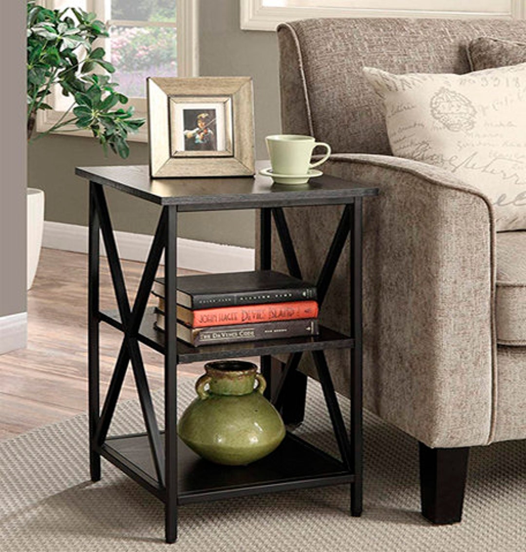 Black Narrow Side Table With Storage Modern Coffee Table 3 Tier Side ...