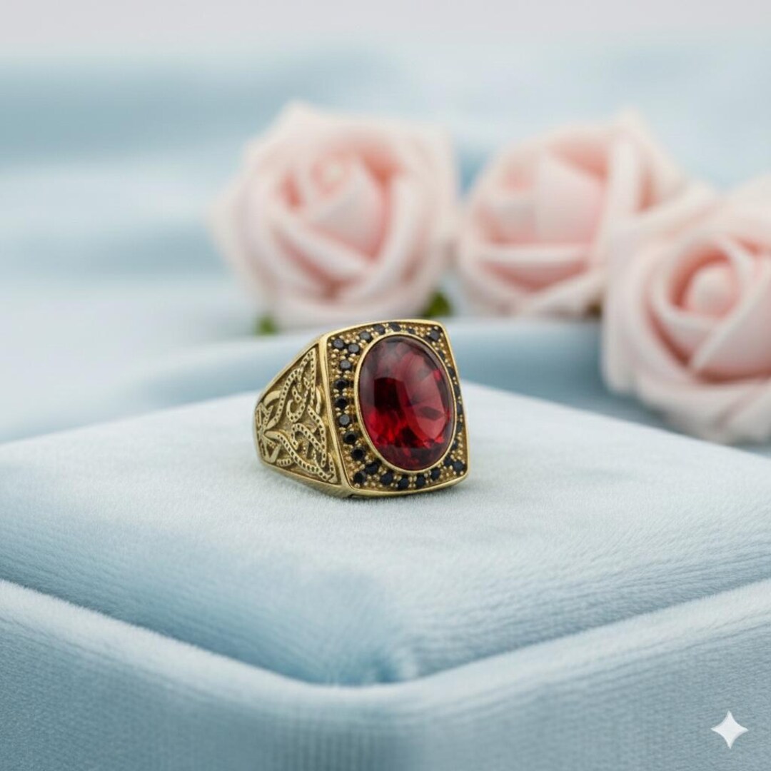 18k Men's Gold Signet Ring, Bezel Set Garnet Ring Oval Gemstone, Solid ...