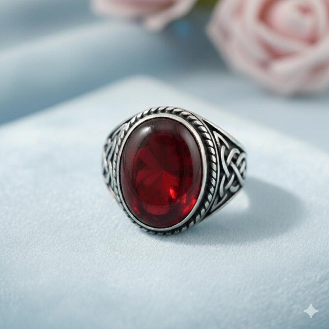 18k Men's Gold Signet Ring, Bezel Set Garnet Ring Oval Gemstone, Solid ...