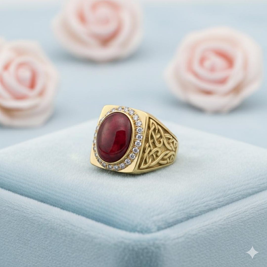 18k Men's Gold Signet Ring, Bezel Set Garnet Ring Oval Gemstone, Solid ...