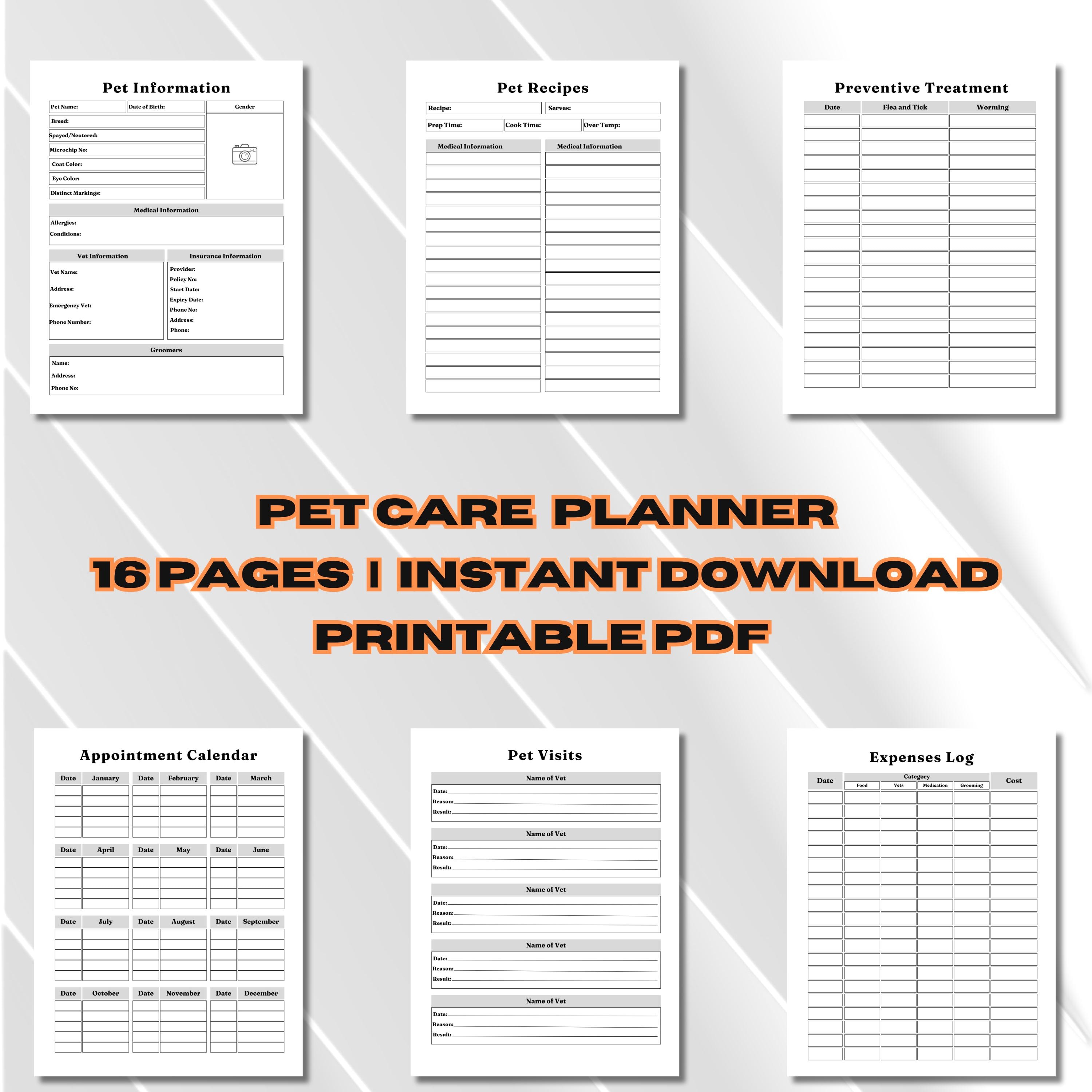 Printable Pet Care Planner, Digital Pet Care Organizer, Health Tracker ...