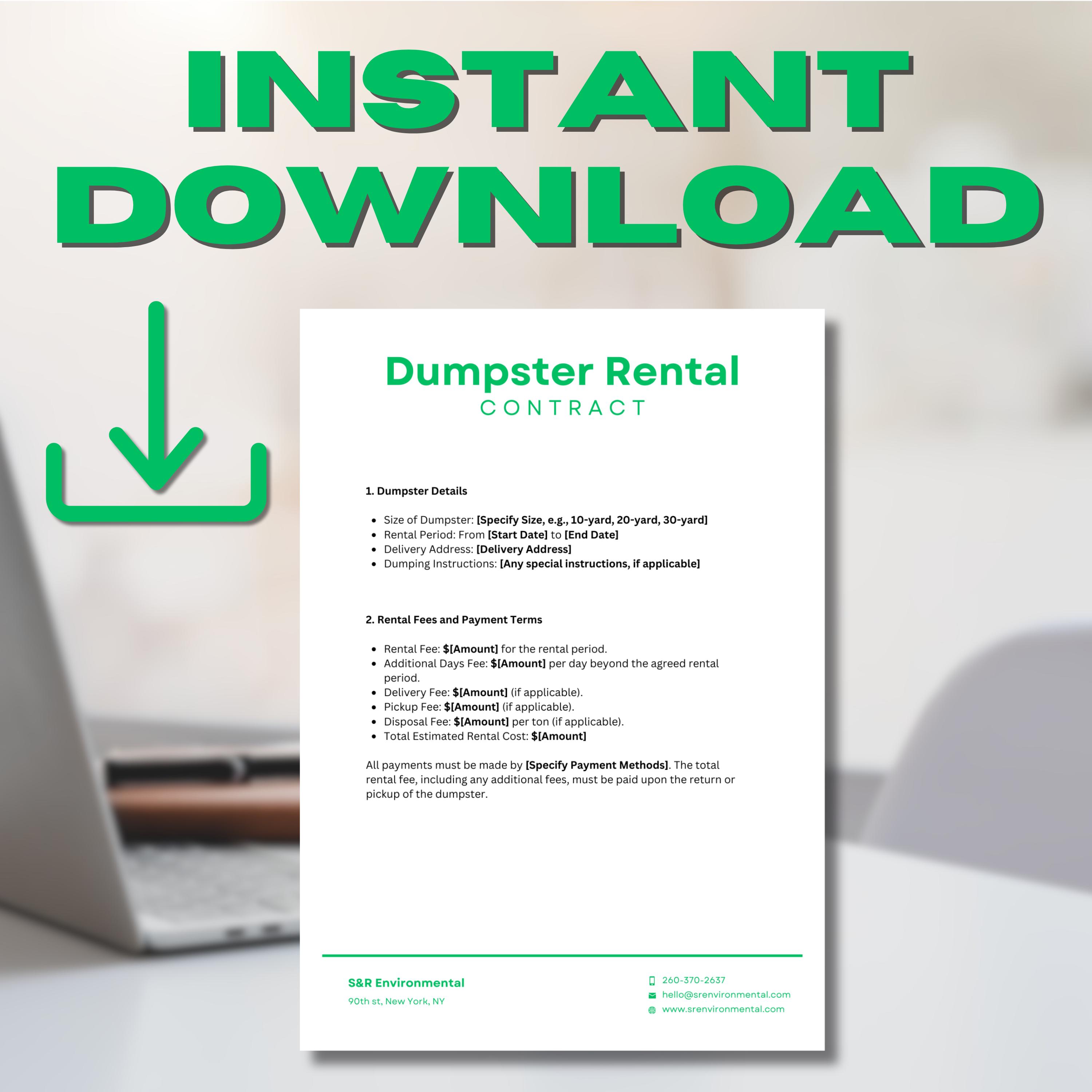 Waste Disposal Service Agreement Template, Editable Dumpster Rental ...