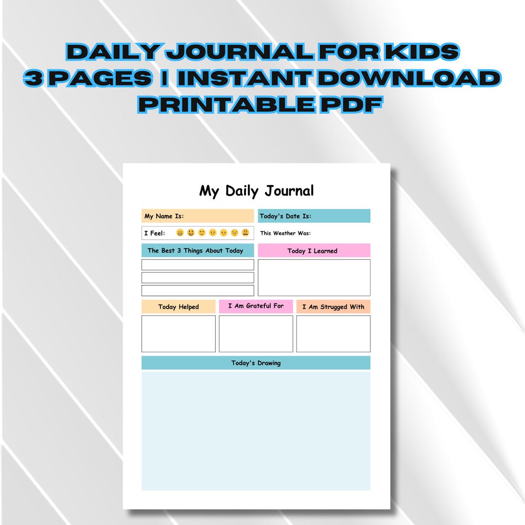 Daily Journal for Kids, Printable Children's Gratitude Diary, Digital ...