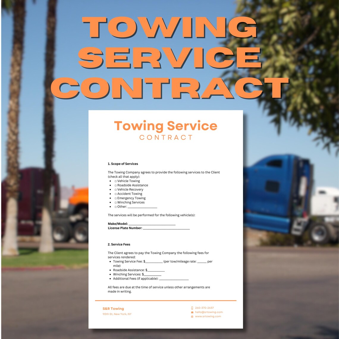 Detailed Towing Service Agreement Template, Editable Contract for Tow Truck Services, Towing ...