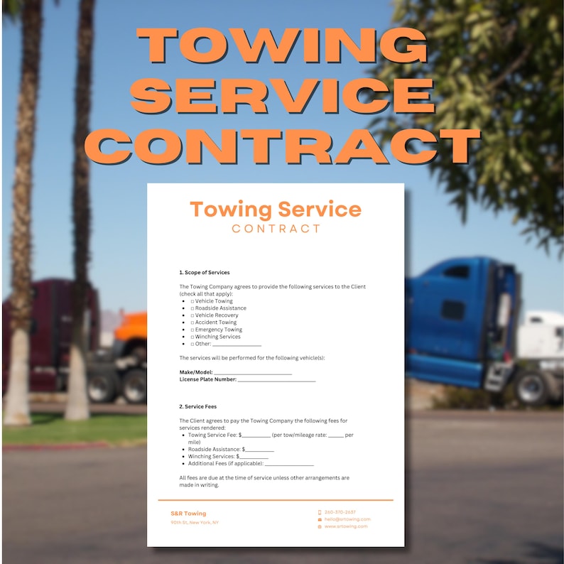 Detailed Towing Service Agreement Template, Editable Contract for Tow ...