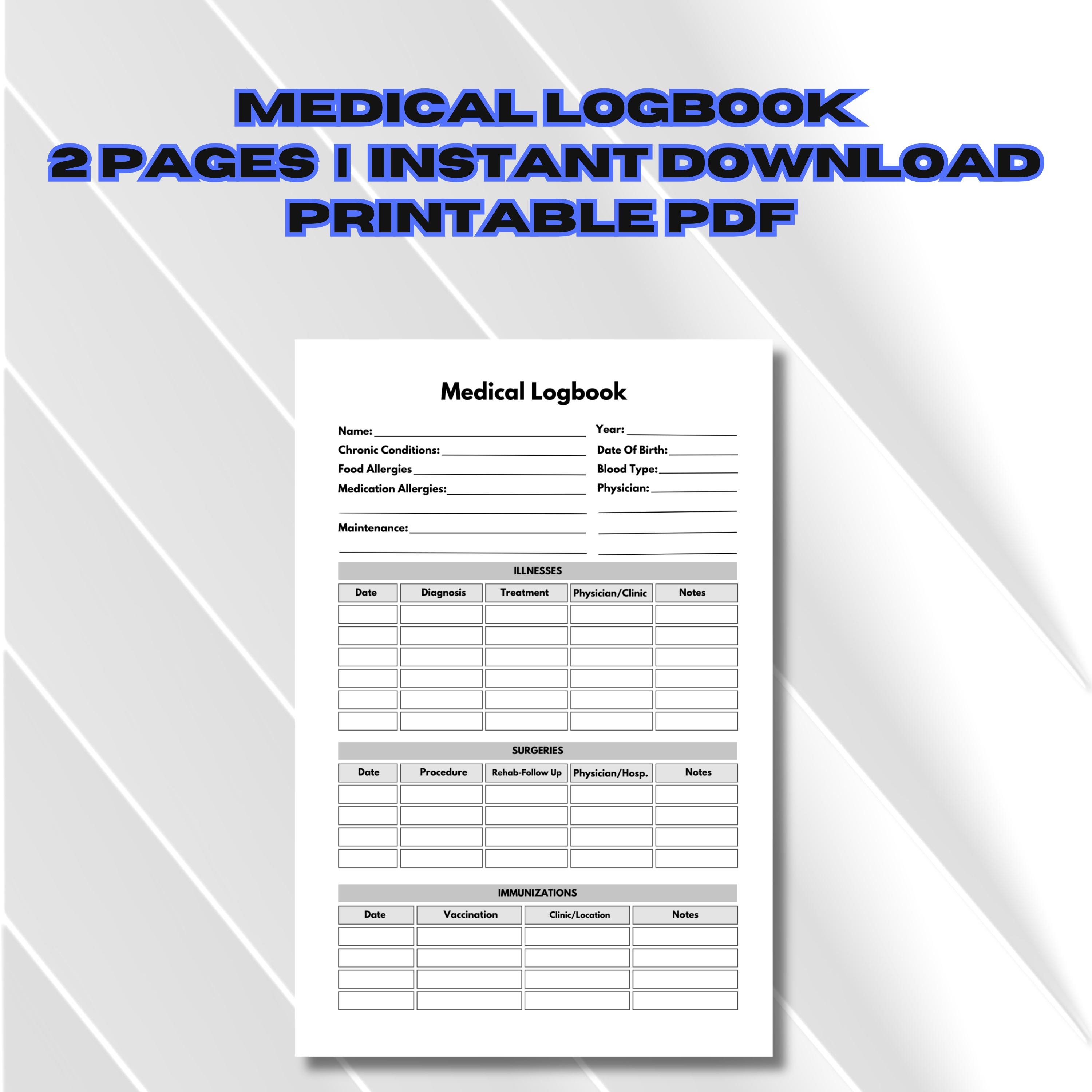 Medical Logbook, Printable Medical Planner, Healthcare Organizer ...