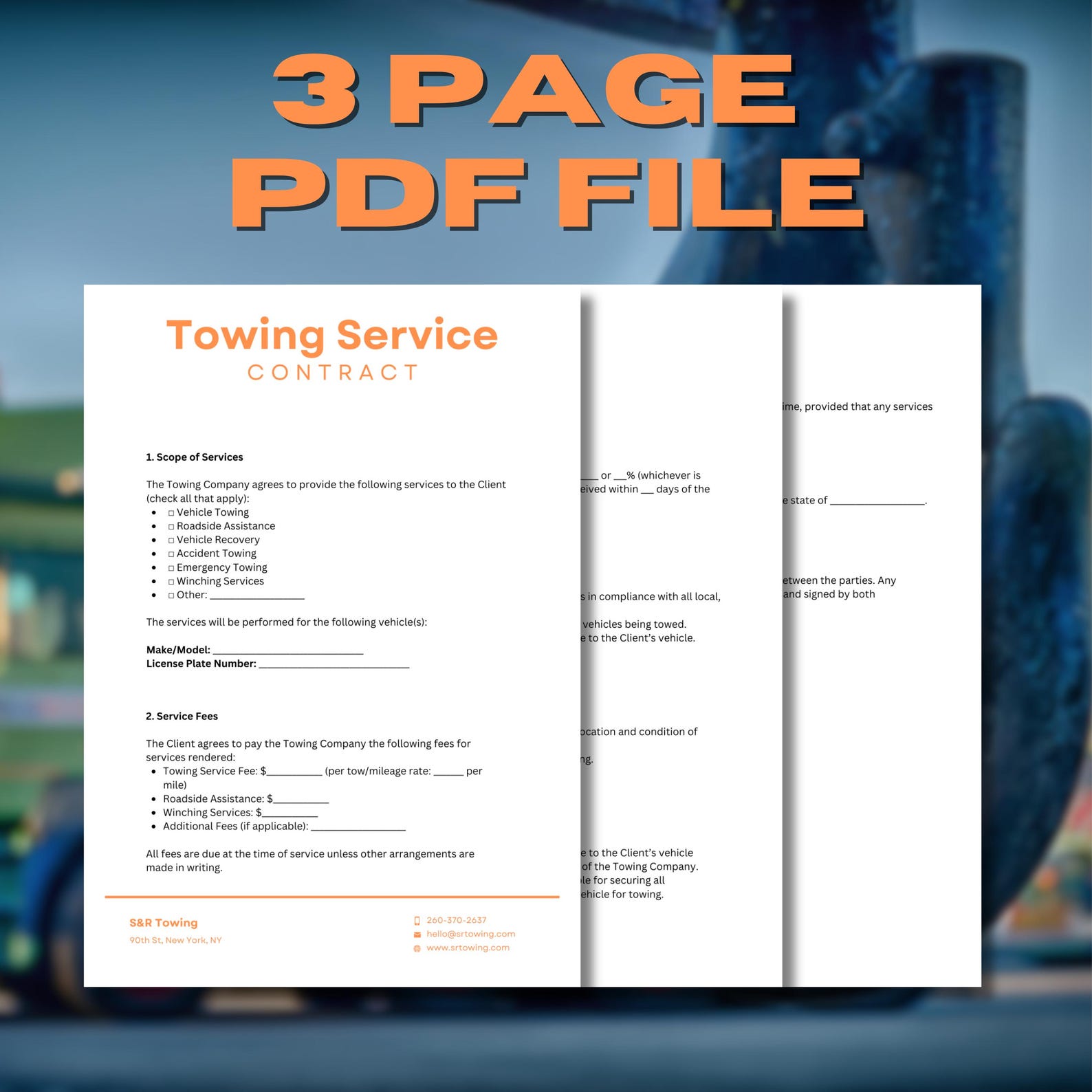 Detailed Towing Service Agreement Template, Editable Contract for Tow Truck Services, Towing ...