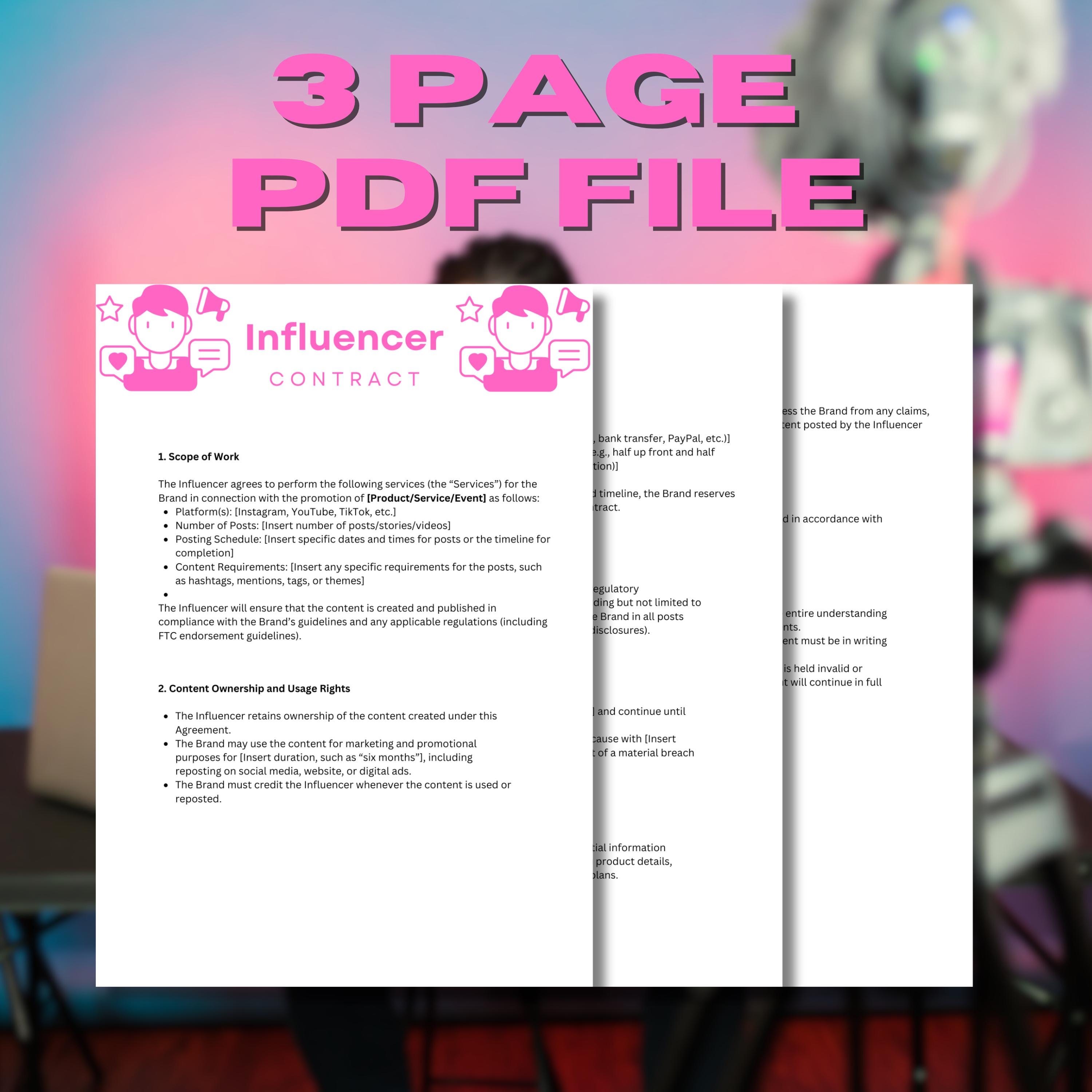 Editable Influencer Contract Template, Brand Ambassador Agreement ...