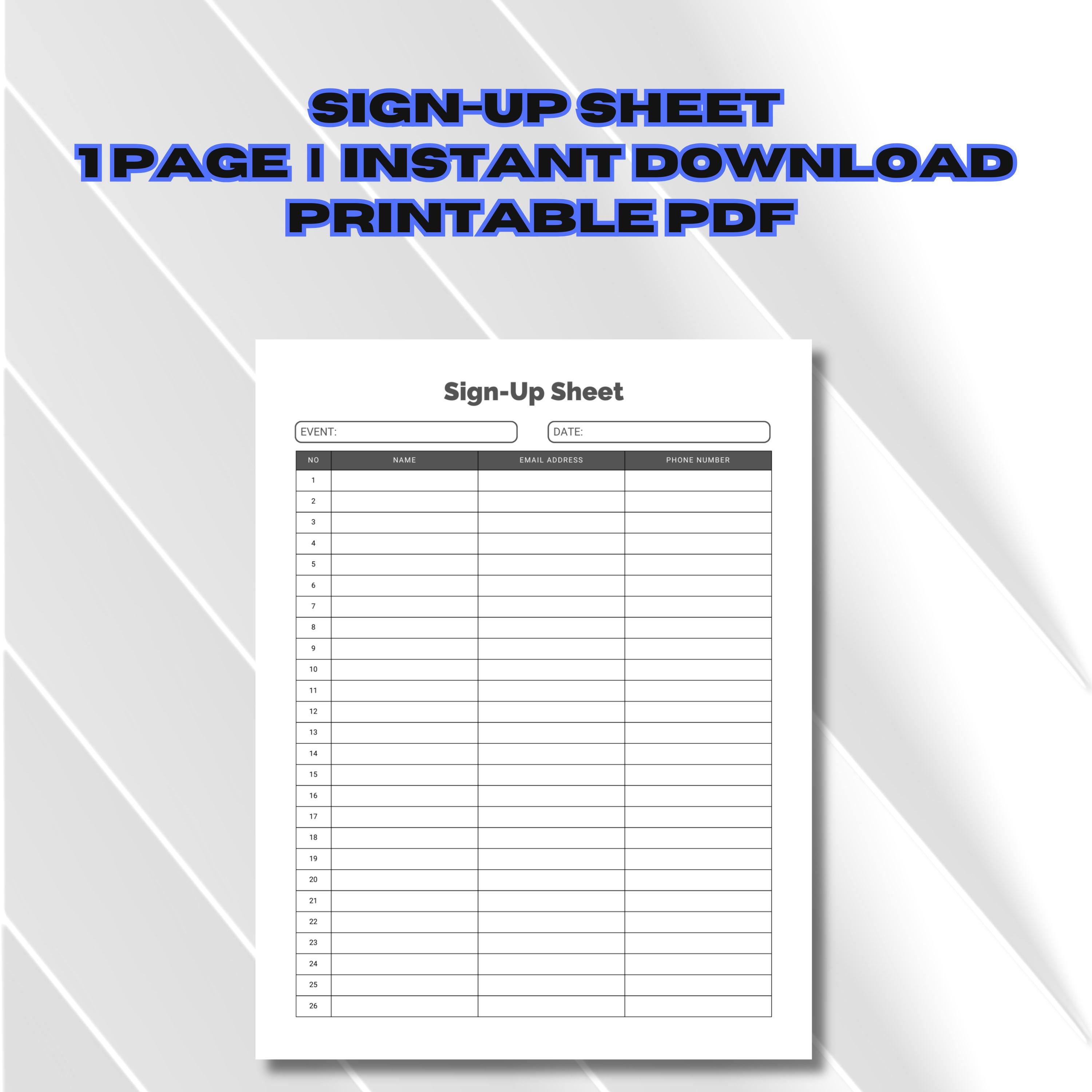 Printable Sign-up Sheet, Digital Sign-up Template, Event Registration ...