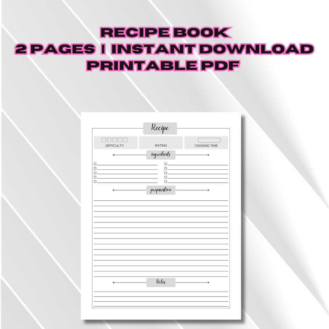 Printable Recipe Book, Blank Recipe Sheet, Cookbook Diary, Digital ...