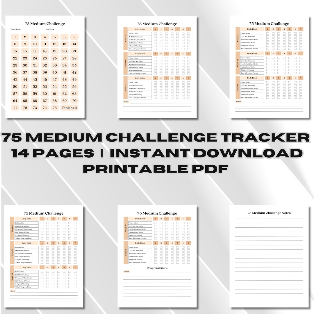 Printable 75 Medium Challenge Tracker, Daily 75 Medium Challenge ...