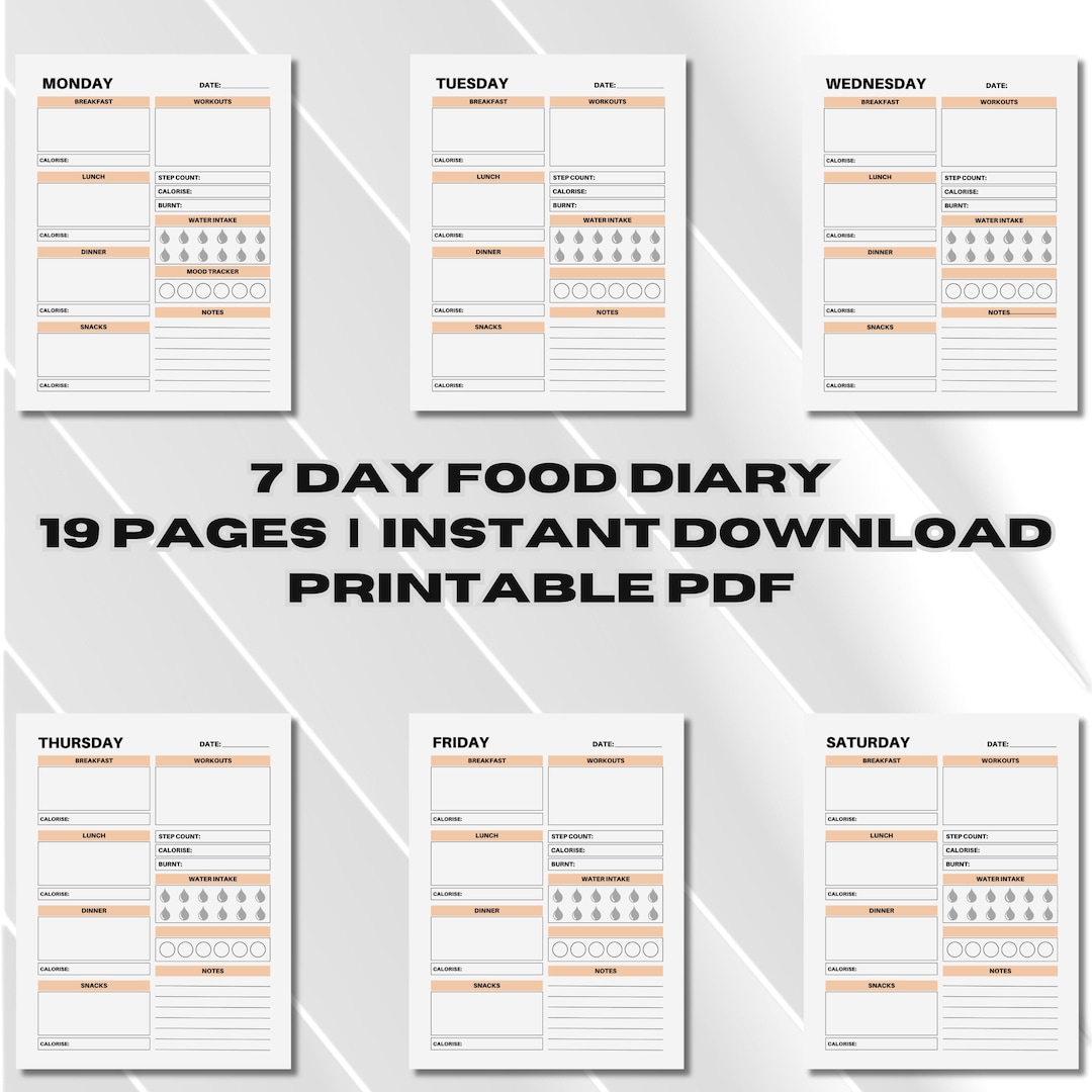 7 Day Food Diary, Minimalist Food Journal, Simple Calorie Tracker ...