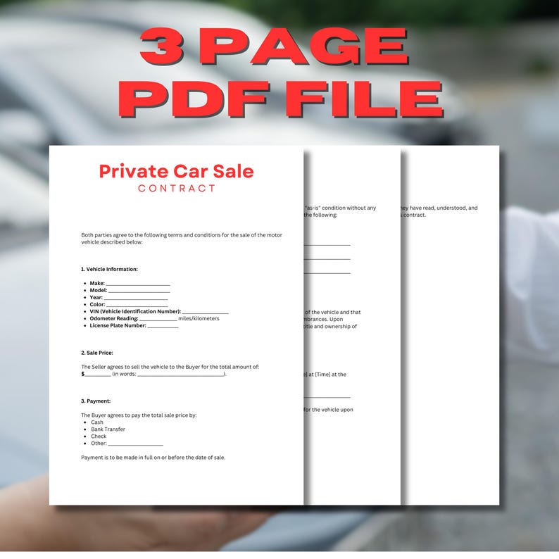 Printable Payment Agreement for Private Car Sale, Private Party Vehicle ...
