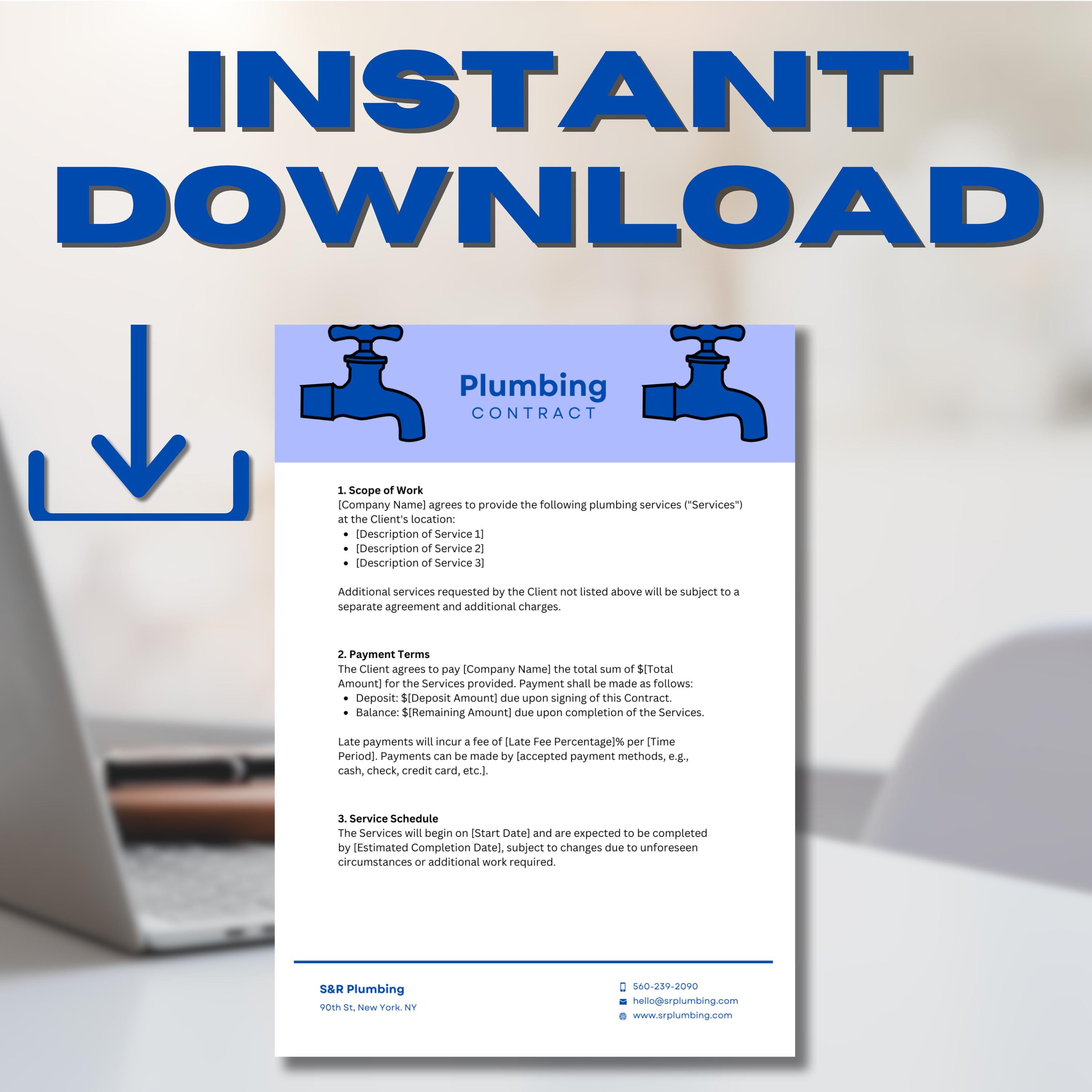 Professional Plumbing Services Contract, Editable Plumbing Agreement ...