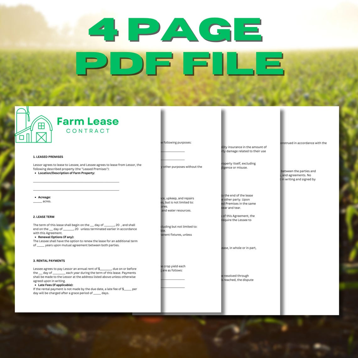 Editable Farm Lease Agreement Template, Agricultural Land Rental ...