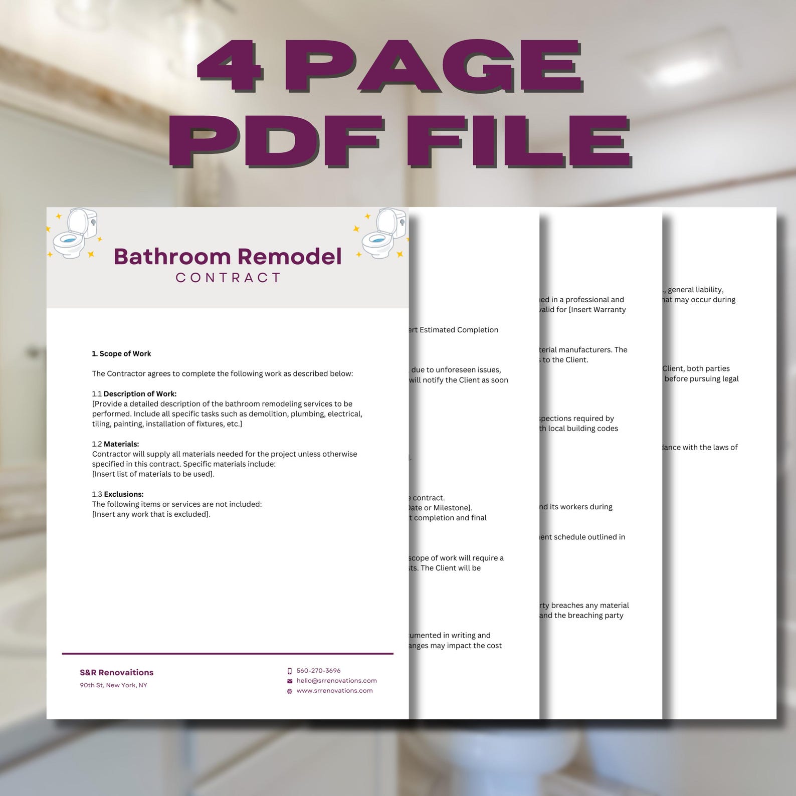 Bathroom Remodel Contract Template, Professional Renovation (printable ...