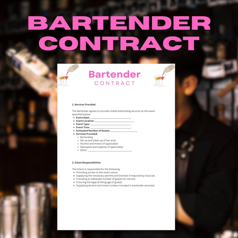 Editable Bartender Service Agreement, Mobile Bar Contract, Mobile Bar ...