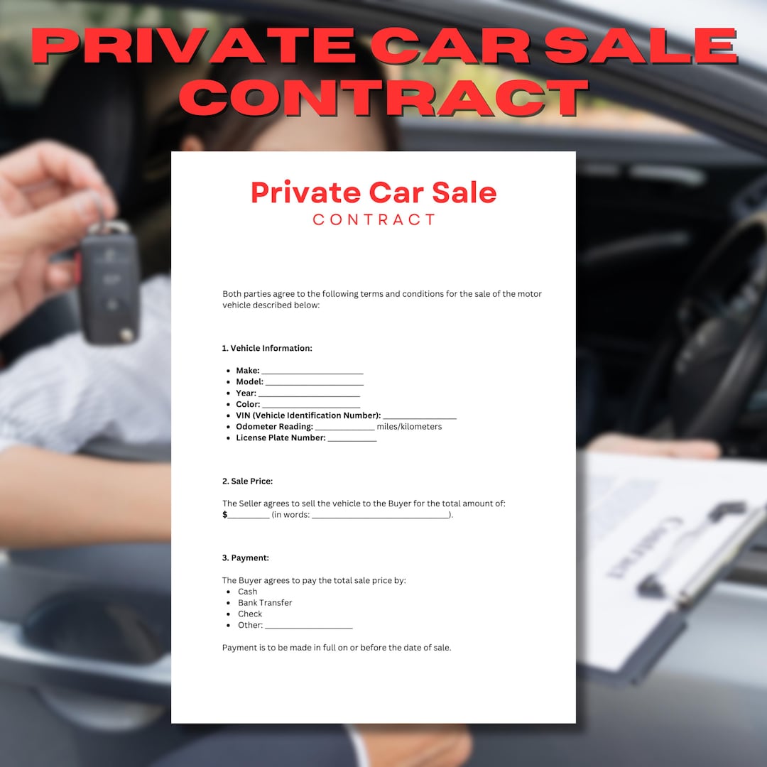 Printable Payment Agreement for Private Car Sale, Private Party Vehicle ...