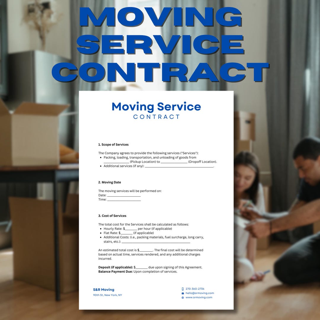 Printable Moving Contract, Professional Moving Agreement Template ...