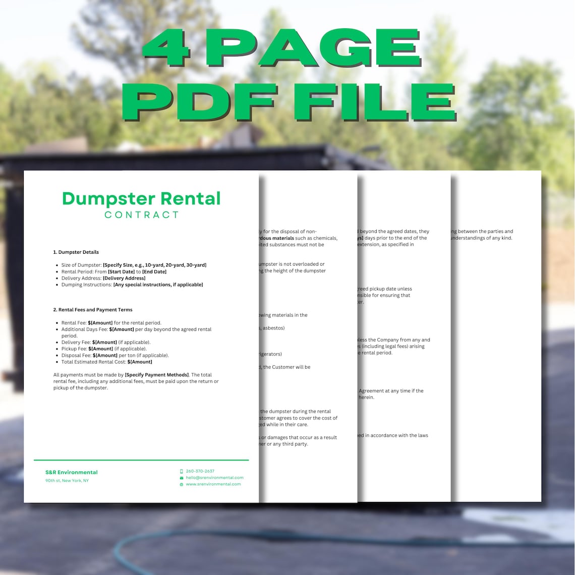 Waste Disposal Service Agreement Template, Editable Dumpster Rental ...
