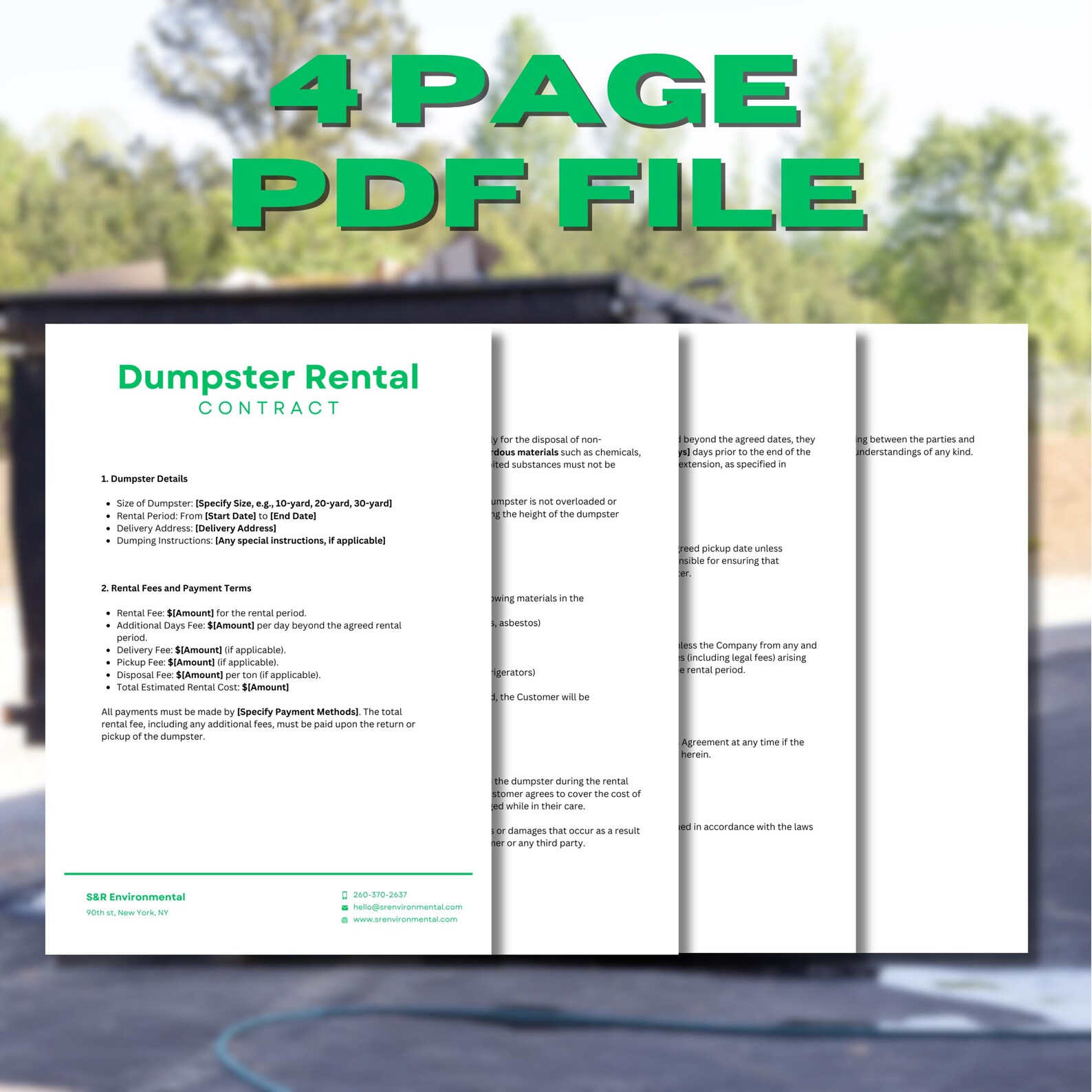 Waste Disposal Service Agreement Template, Editable Dumpster Rental ...