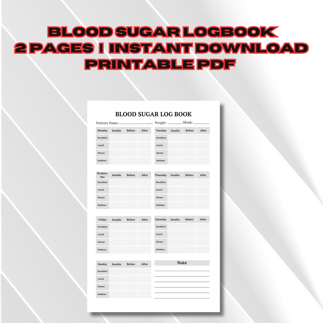 Blood Sugar Logbook, Printable Blood Sugar Tracker, Blood Glucose Log ...