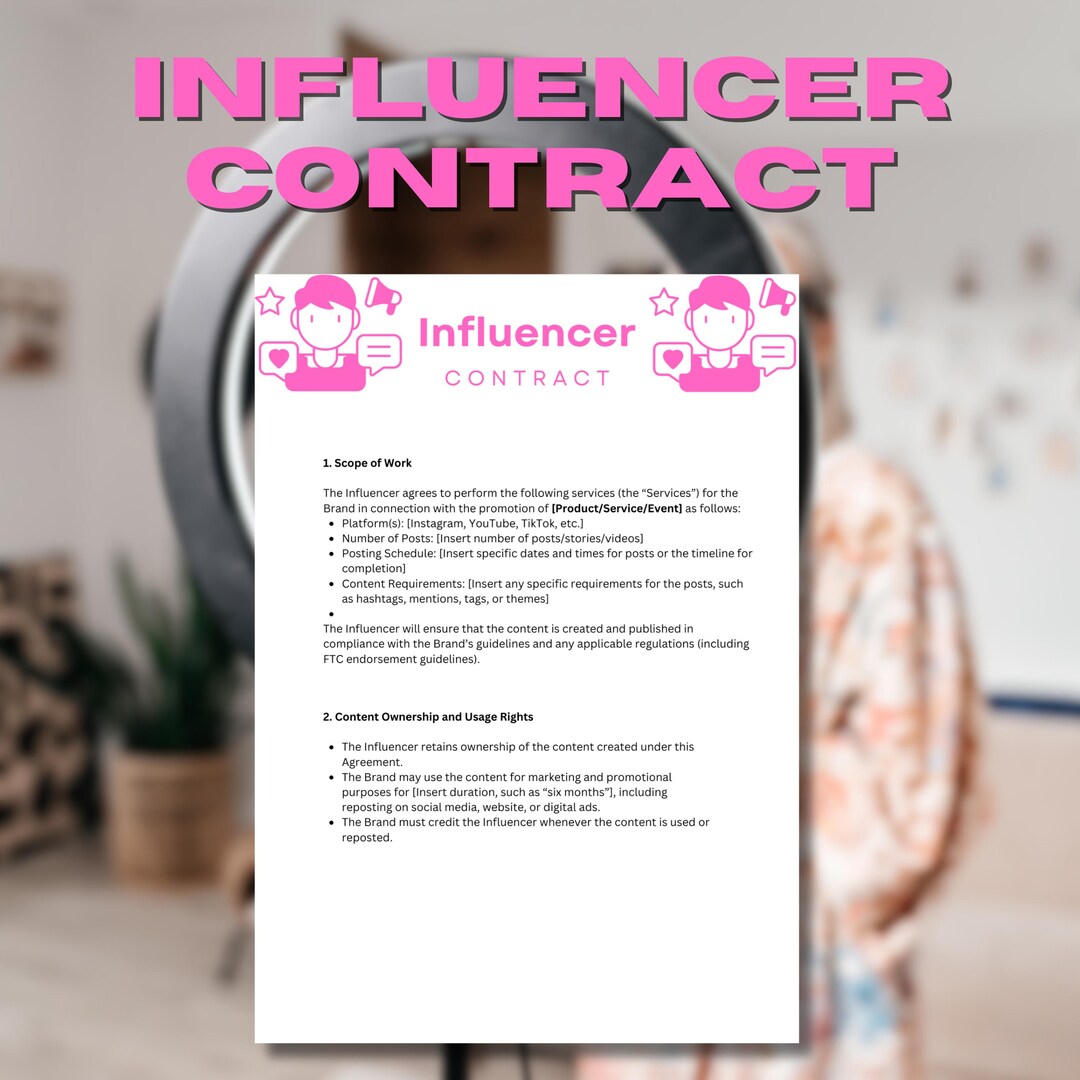 Social Media Influencer Agreement, Editable Influencer Contract, Brand ...