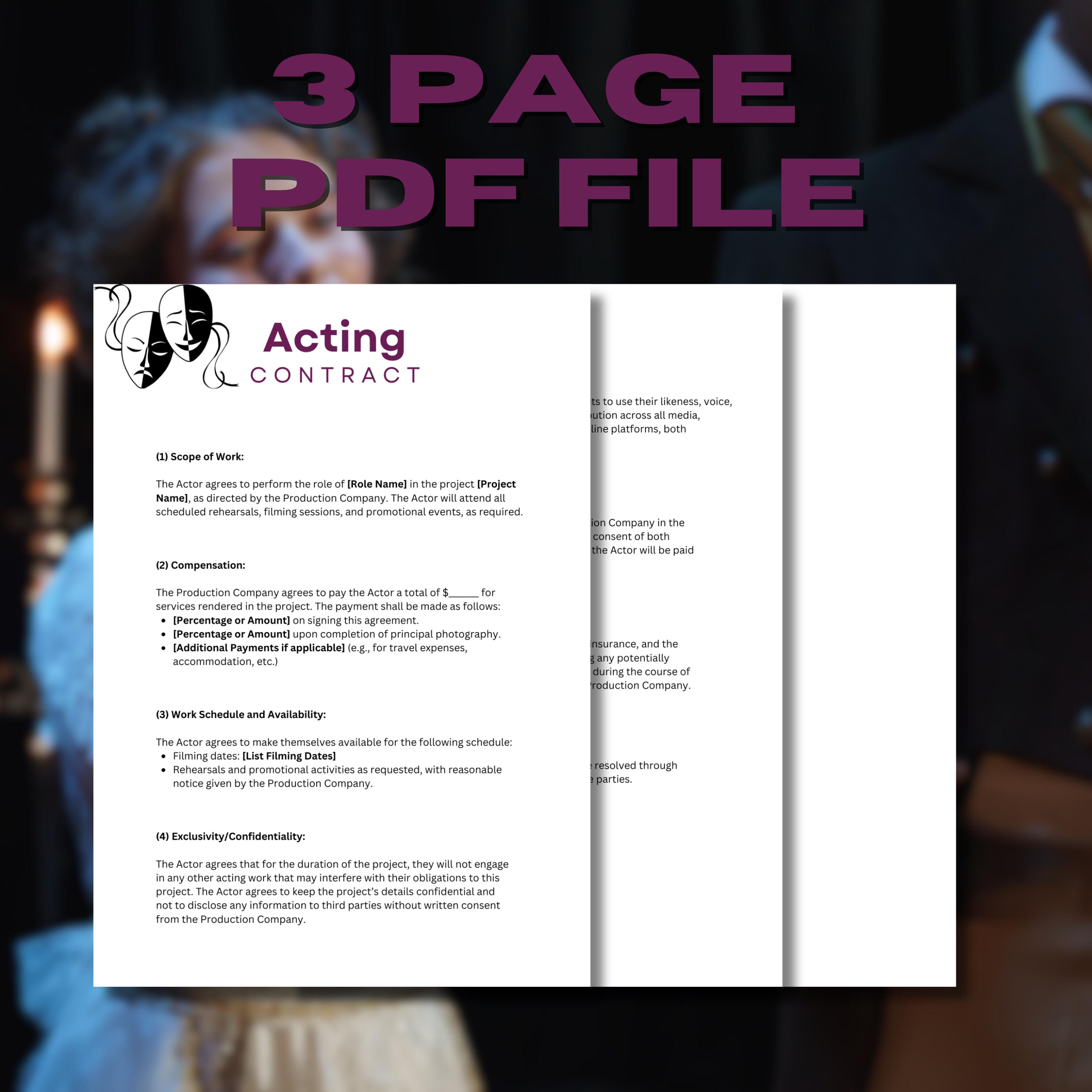 Editable Actor Agreement Template, Acting Contract, Professional Actor ...