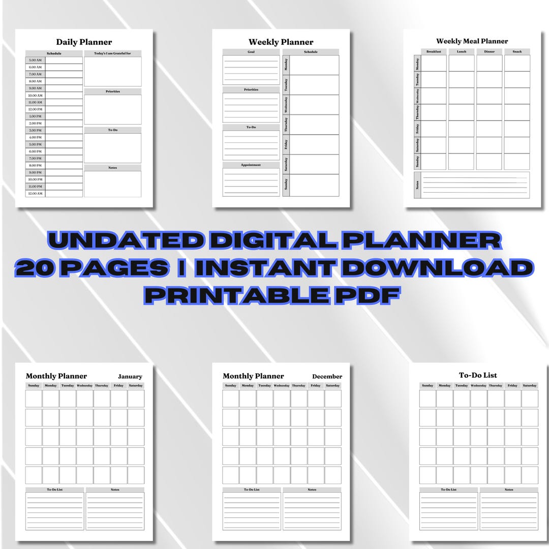 Undated Digital Planner, Printable Blank Calendar, Daily, Weekly ...