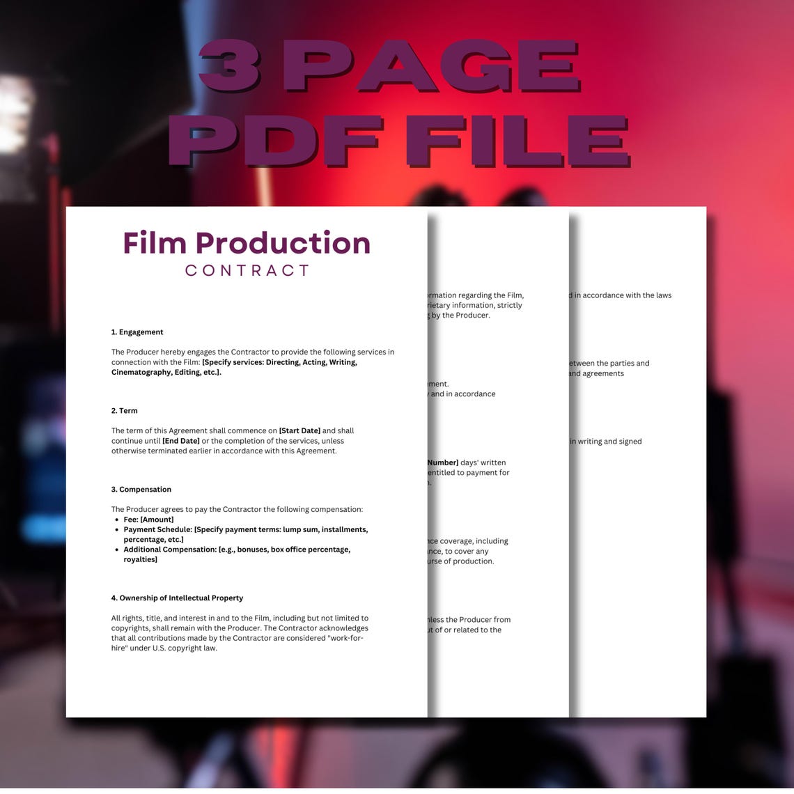 Customizable Film Production Agreement Template, Editable Movie ...