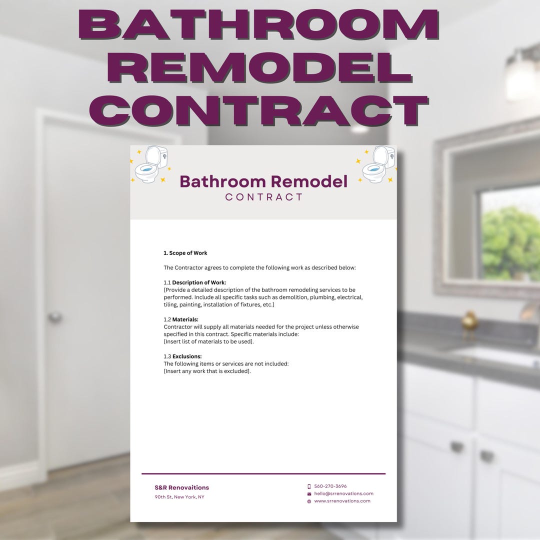 Editable Agreement for Bathroom Remodel, Professional Renovation ...