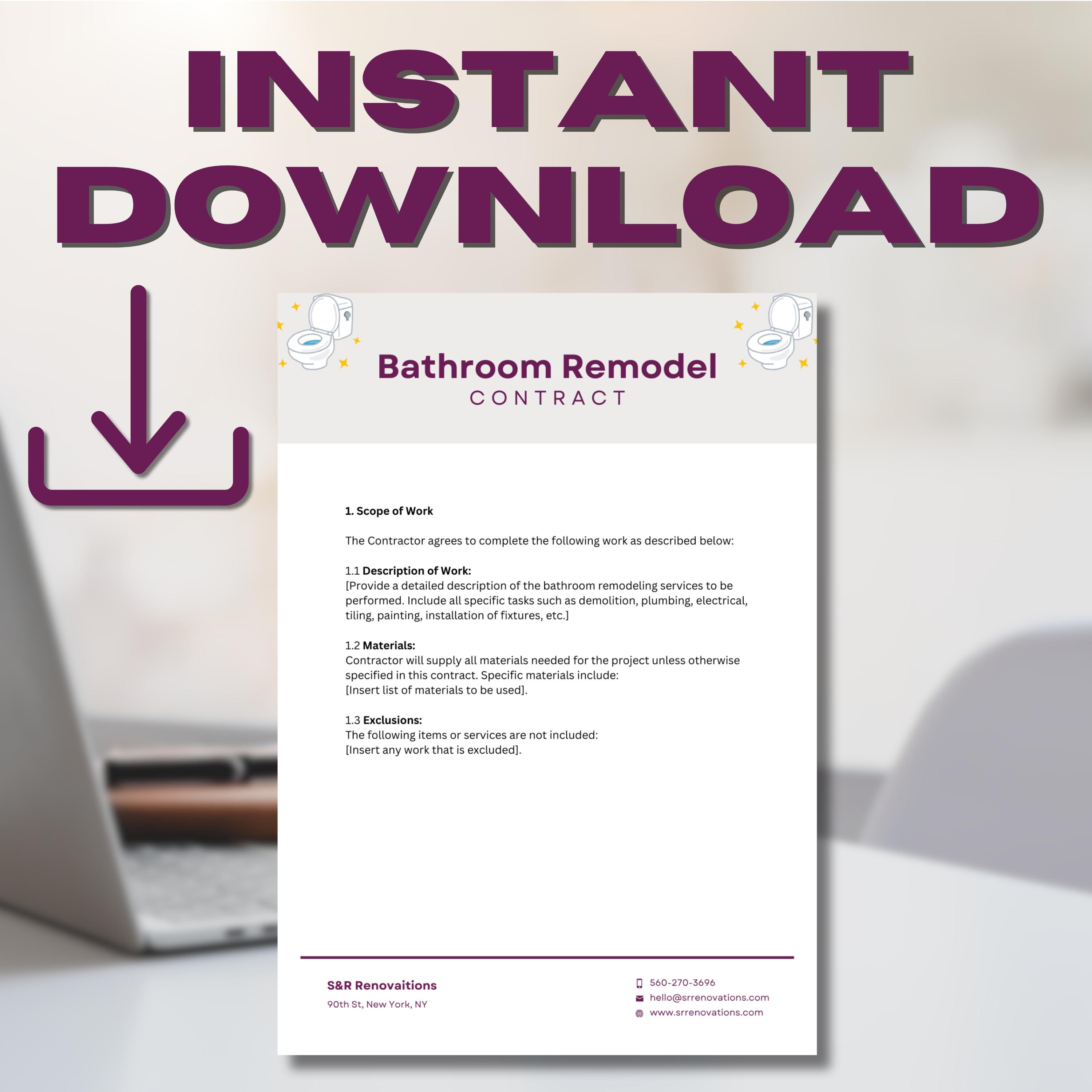 Editable Agreement for Bathroom Remodel, Professional Renovation ...