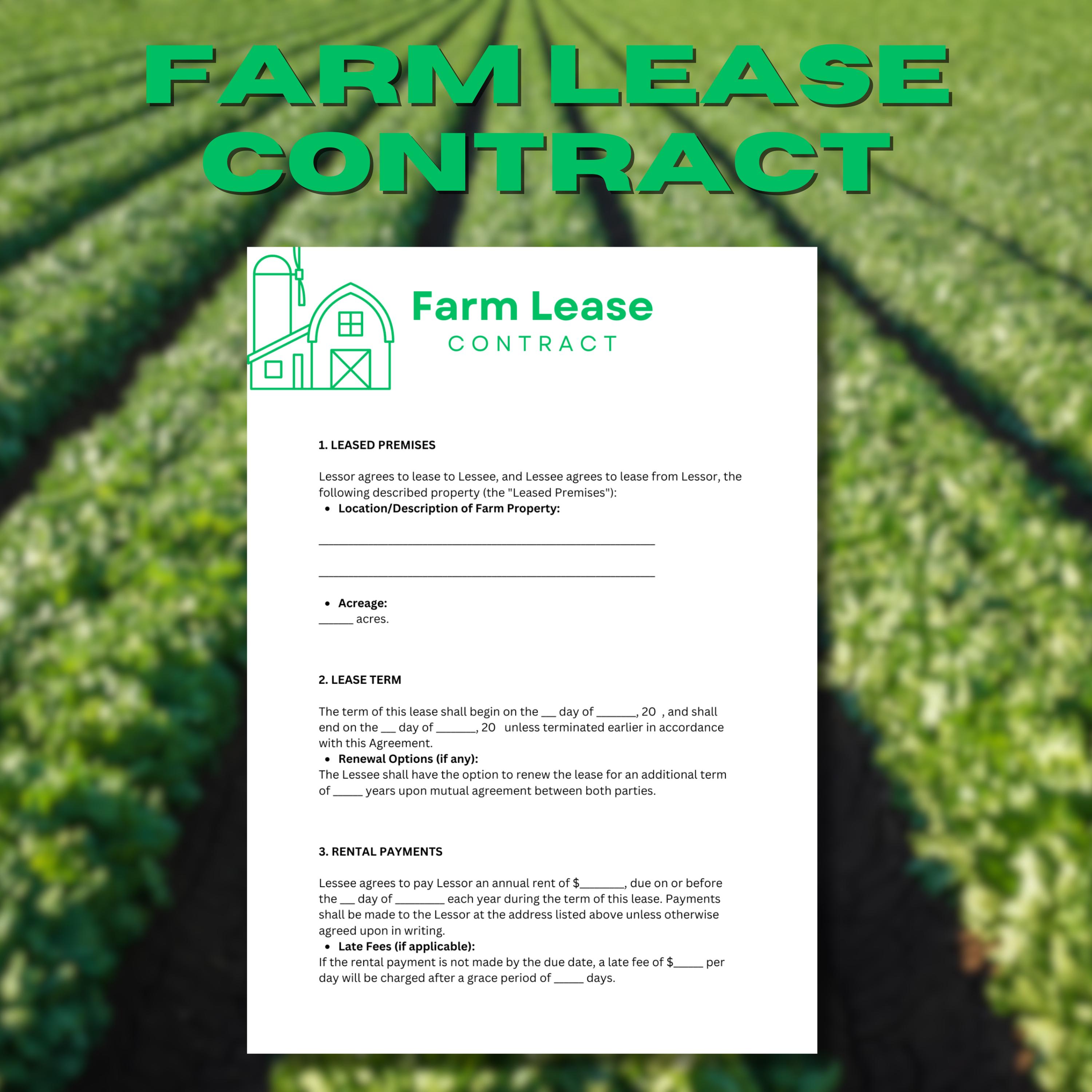 Editable Farm Lease Agreement Template, Agricultural Land Rental ...