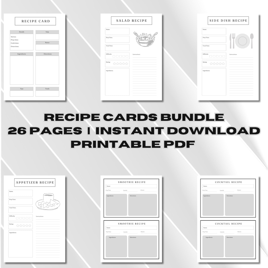 Recipe Card Bundle, Printable Recipe Binder Kit, Recipe Book Template ...