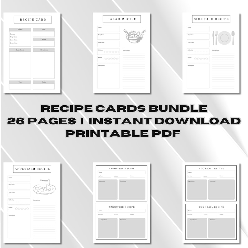 Recipe Card Bundle, Printable Recipe Binder Kit, Recipe Book Template Bundle, Digital Cookbook ...